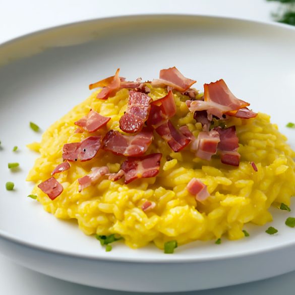 Risotto allo zafferano con pancetta, piatto cremoso e saporito